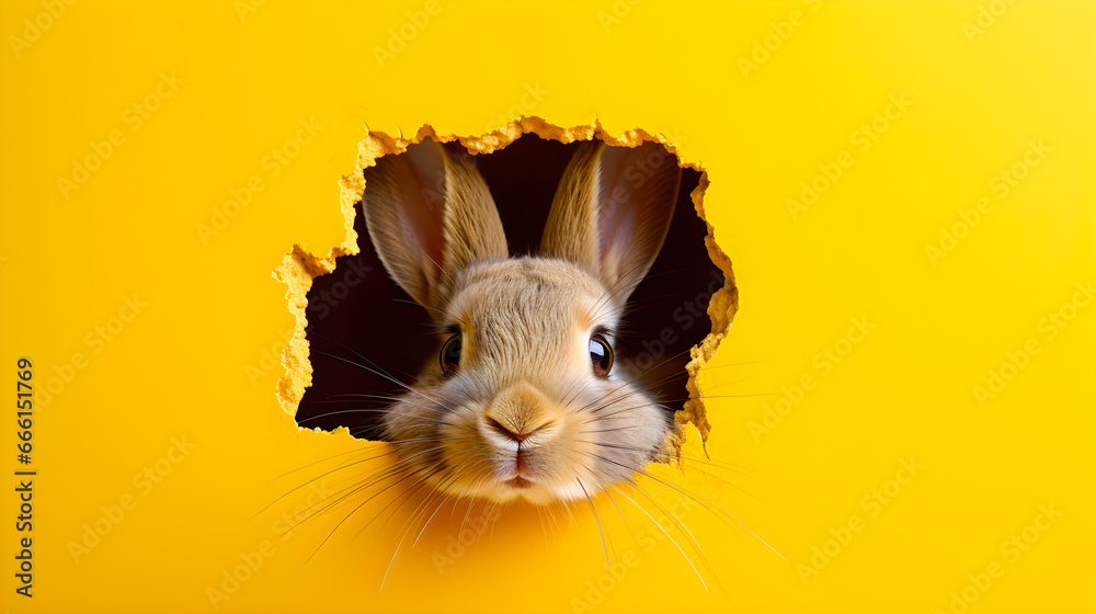 Bunny peeking out of a hole in yellow wall. Stock Photo | Adobe Stock