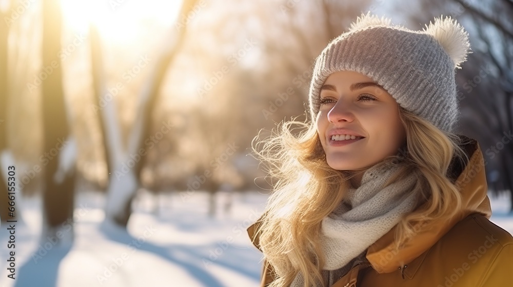 Influencer Model im Schnee mit Platz für Text. Wintermode tragen und ...