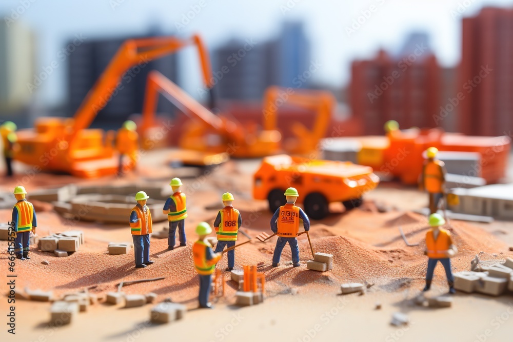 Baustelle mit Bauarbeiter als 3D Figuren mit gelben Helmen ...