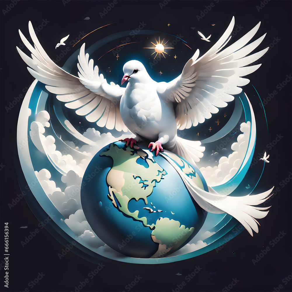 dove of peace sitting on the globe ,Concept of world peace and say no ...