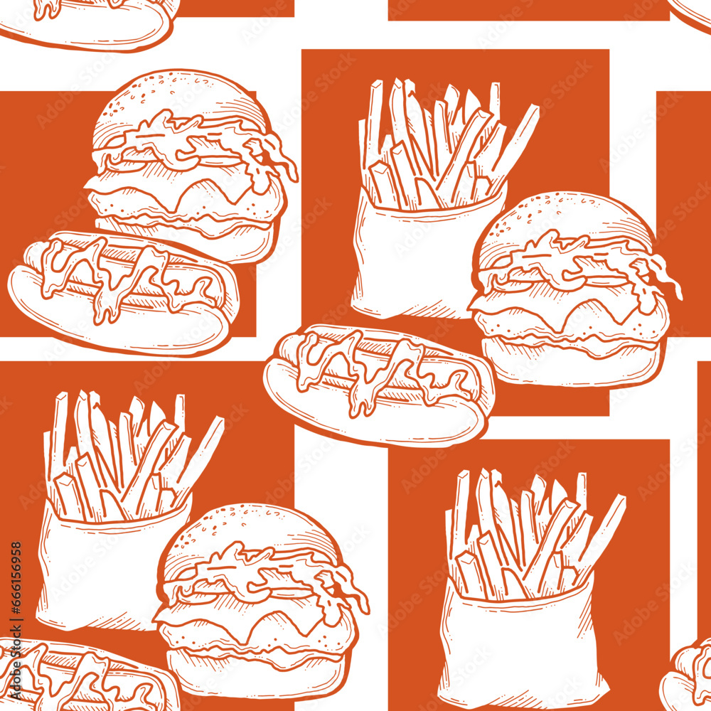 Fast food seamless vector pattern with hamburger, french fries, hot dog. Decorative design for ...