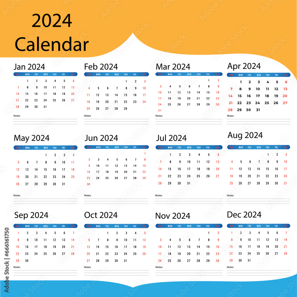 Wall calendar 2024 template, desk calendar 2024 design, Week start ...