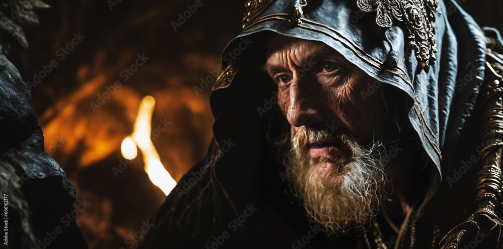 Mysterious sorcerer shrouded in a dark fantasy setting, suitable for ...