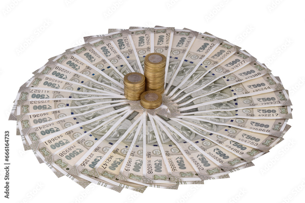 Indian currency note and coin in decorative style isolated on white ...