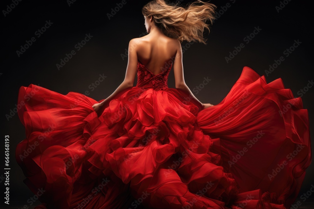 Beautiful girl in a red dress on a black background. Studio photo ...