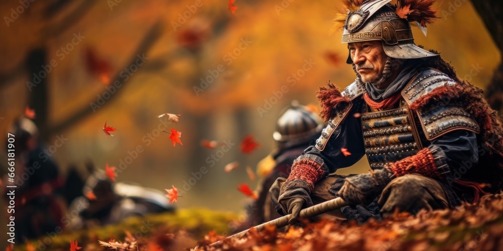Amidst the rugged outdoors, a fierce warrior clad in a helmet and armed ...