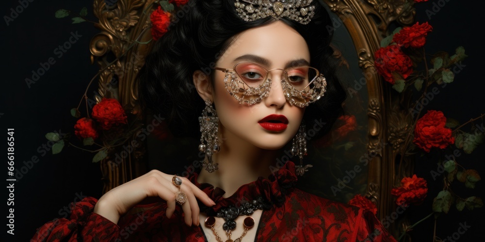 Bold and regal, a woman dons a crimson rose headpiece and sparkling ...