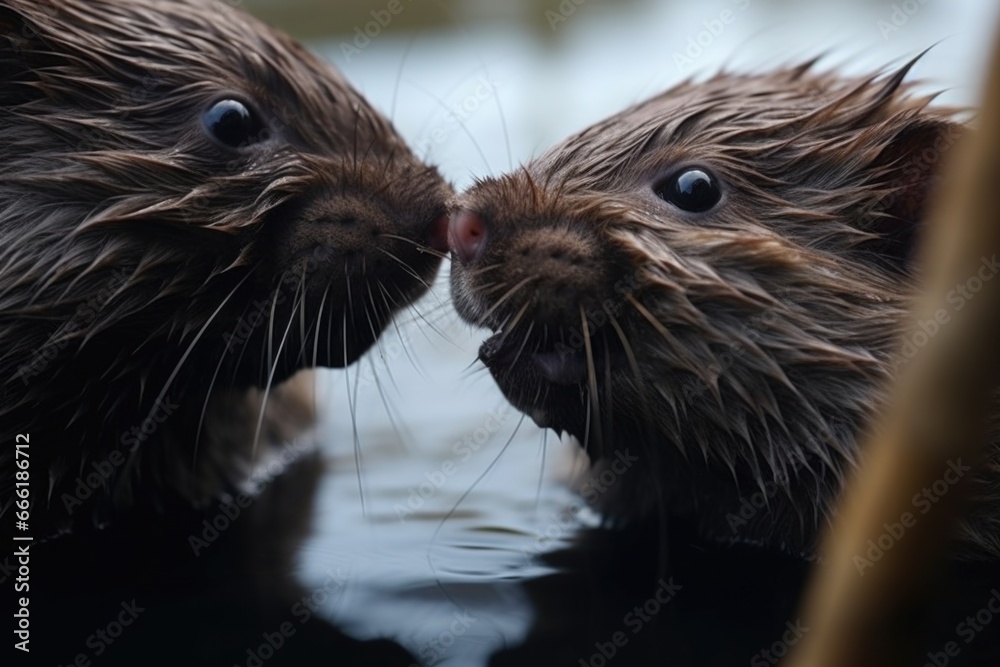 Two otters touching noses in the water. Can be used to depict ...