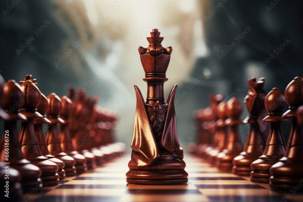 A detailed view of a chess board with numerous chess pieces. This image ...