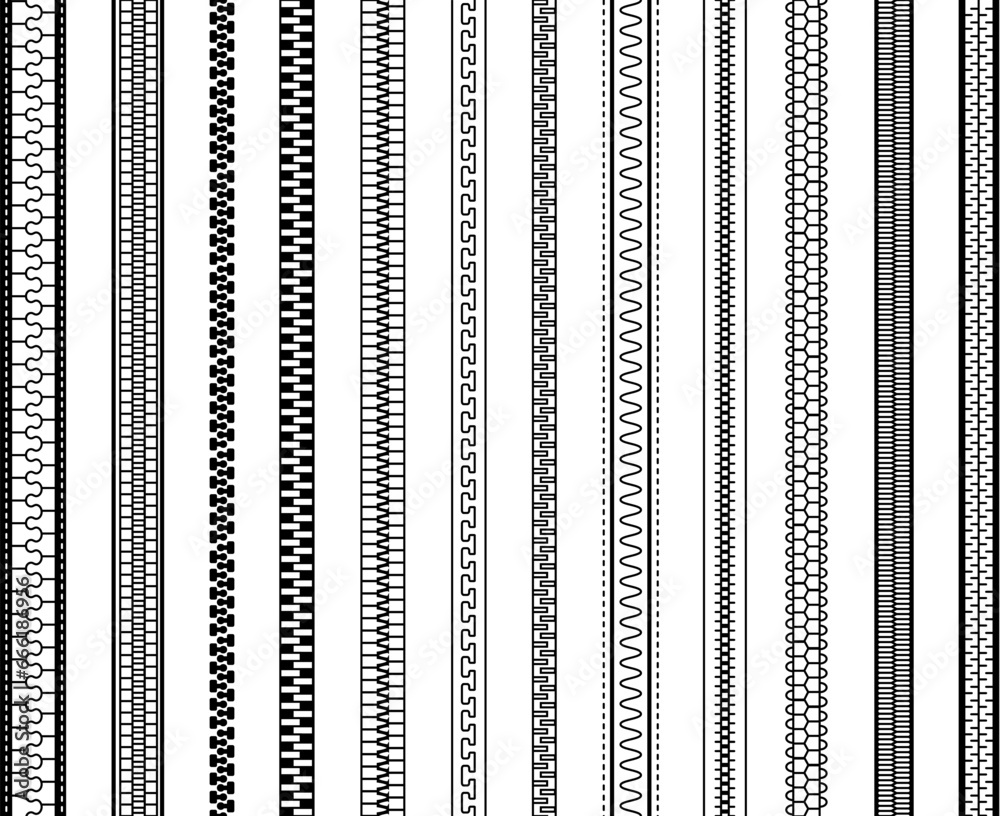 Zipper seamless set. Different zippers brush elements, tailor and ...