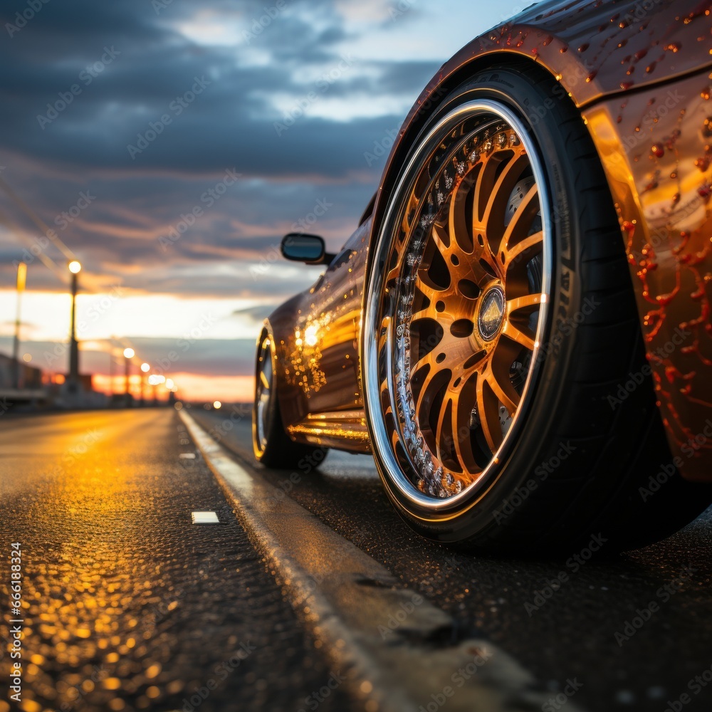 Car rims in the display case and asphalt background are neatly arranged ...