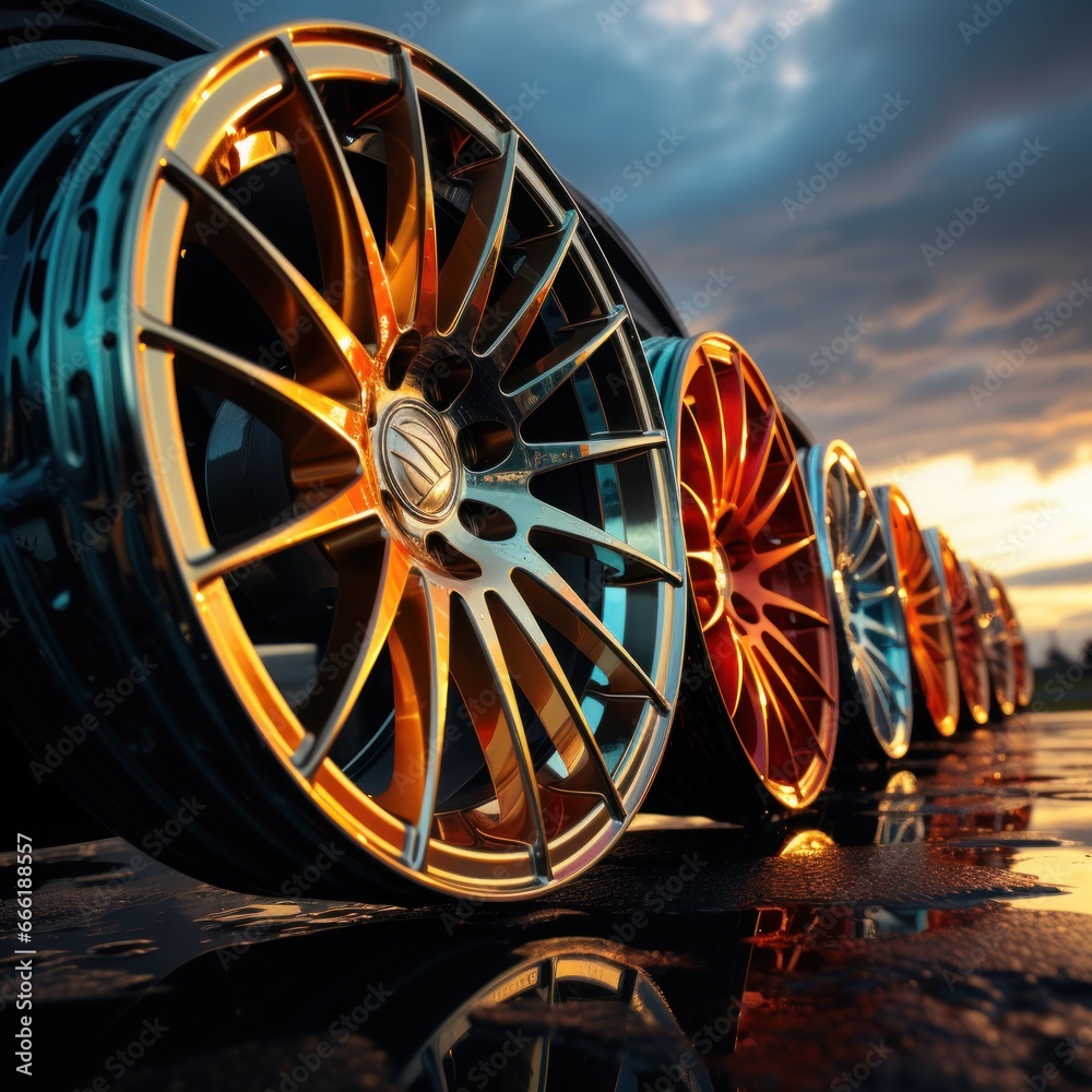 Car rims in the display case and asphalt background are neatly arranged ...