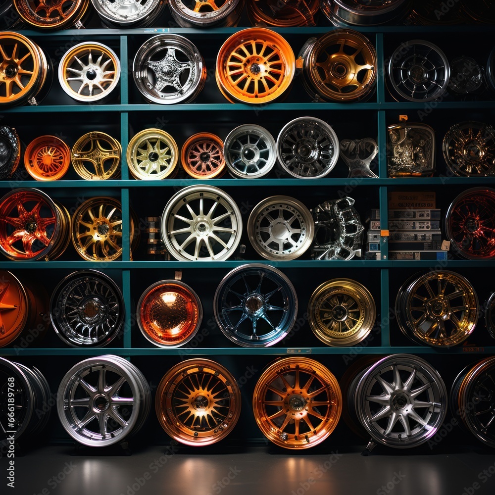 Car rims in the display case and asphalt background are neatly arranged ...