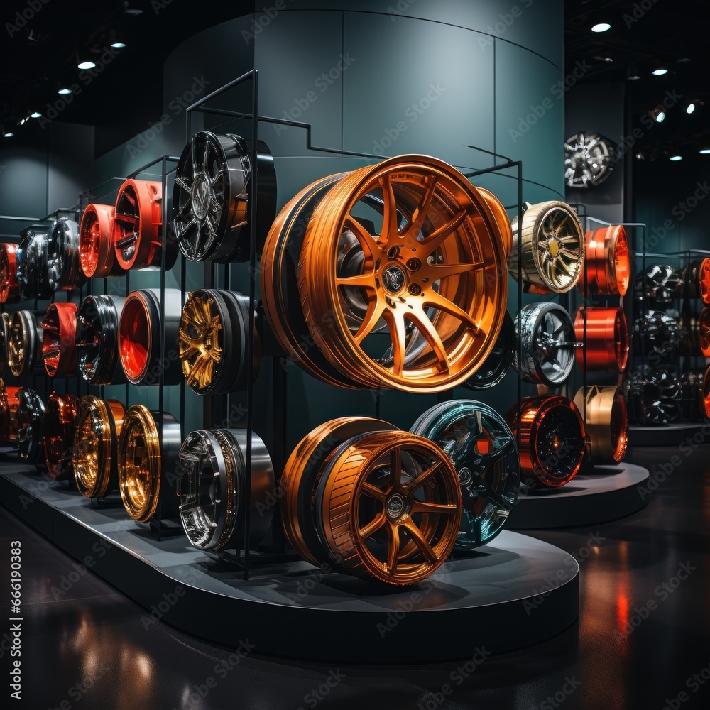 Car rims in the display case and asphalt background are neatly arranged ...