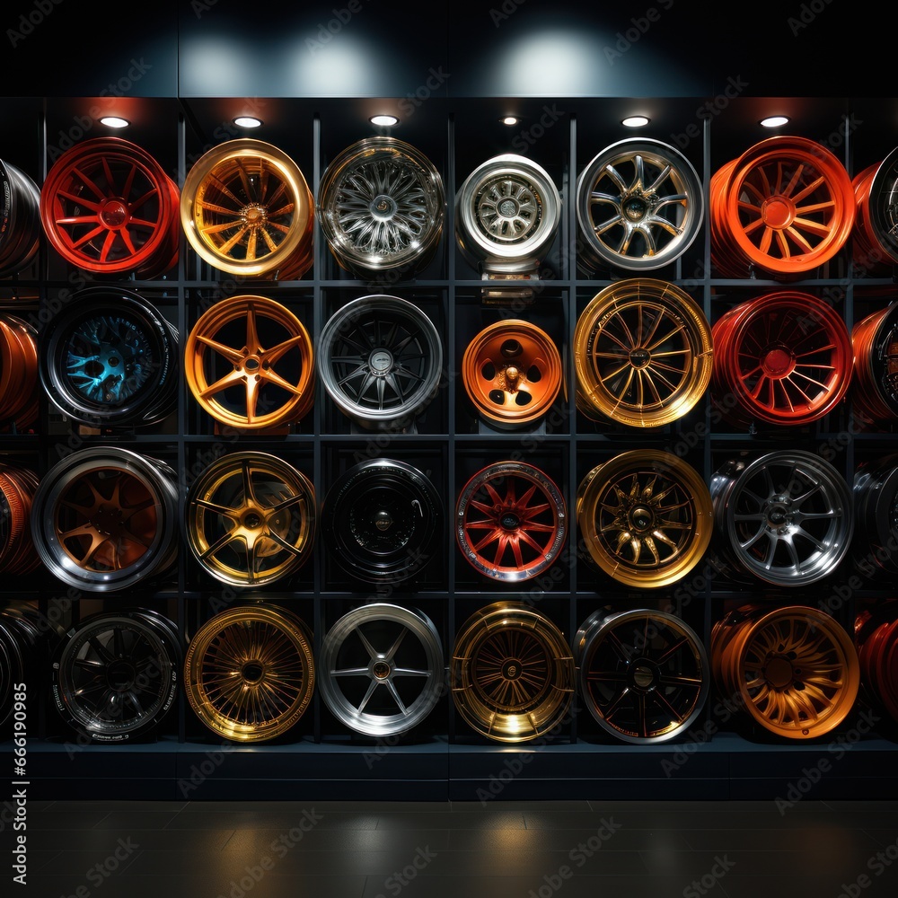 Car rims in the display case and asphalt background are neatly arranged ...