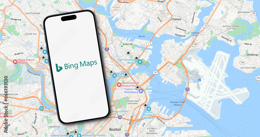 Bing Maps logo with lettering is displayed on a smartphone lying on a ...