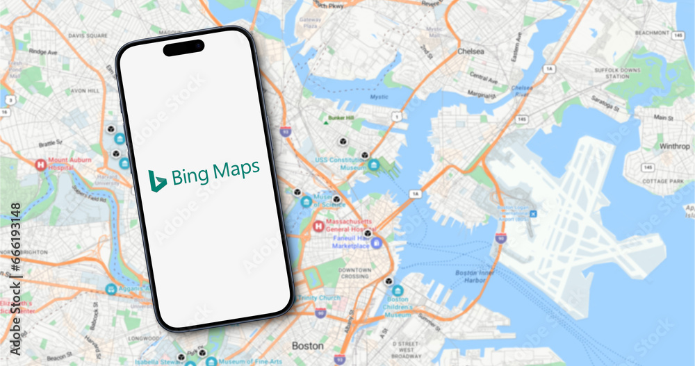 Bing Maps logo with lettering is displayed on a smartphone lying on a ...