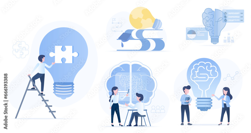 Brainstorming and planning ideas collection set. Scenes of ...