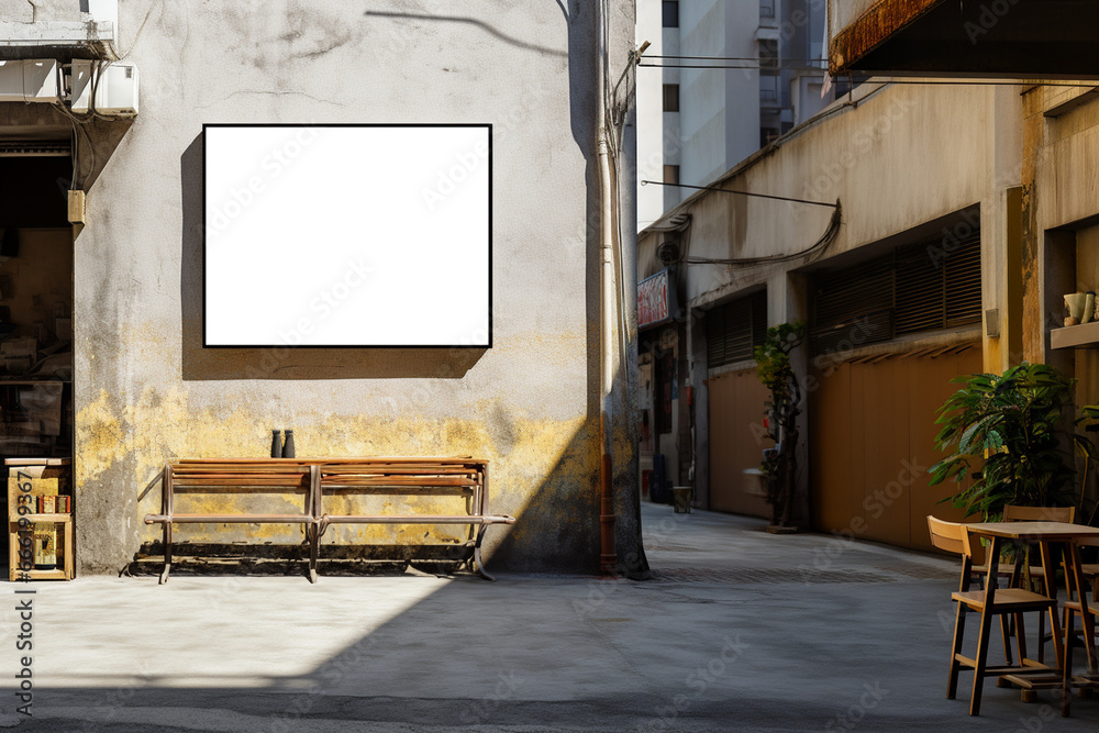 Side view at outdoor street alley with rough concrete wall and row of ...