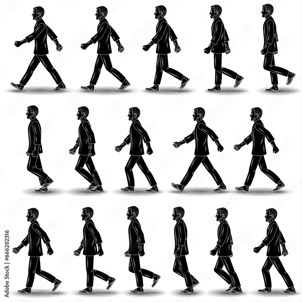Vector illustration of a man walking in different poses. Set of ...