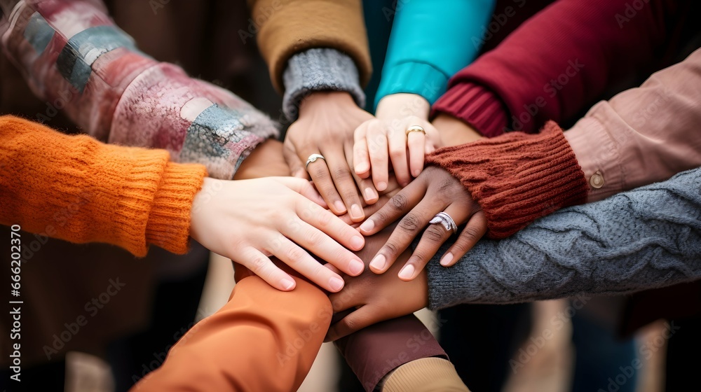 A diverse group of people puts their hands together in unity ...