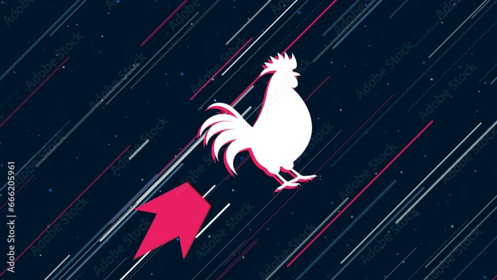 Rooster symbol flies through the universe on a jet propulsion. The ...