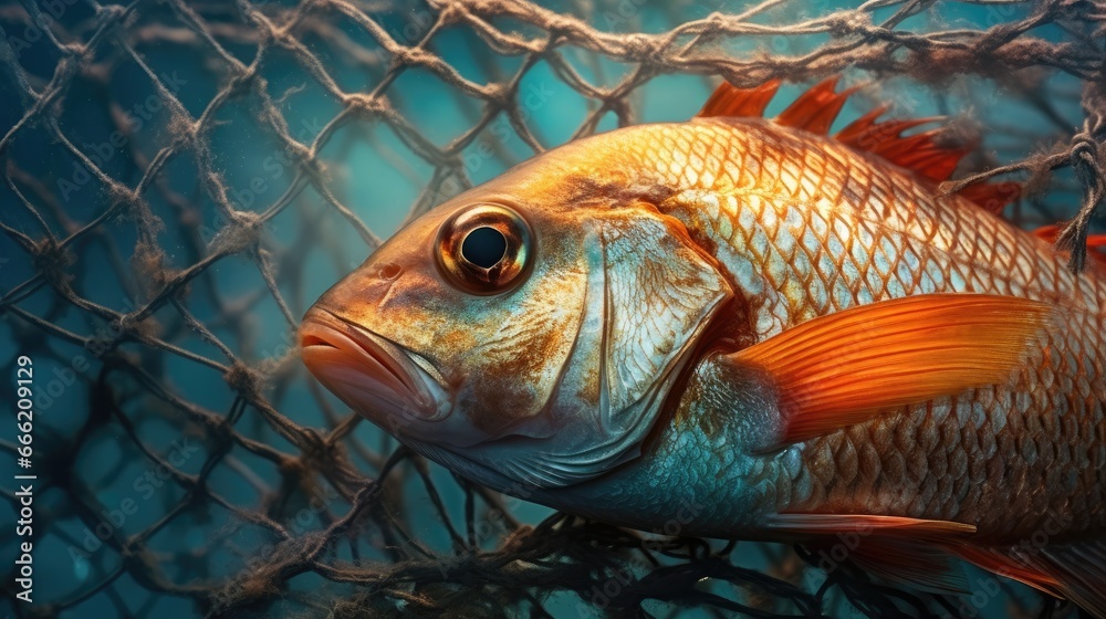 Fishing with a net. Catching red fish. The fish is caught in a net in ...