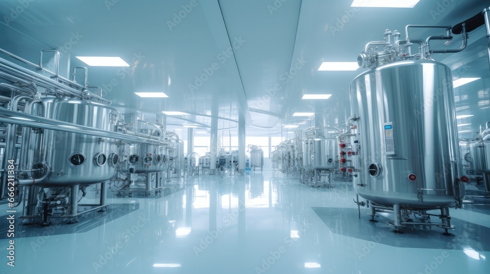 Metal tanks and lab equipment inside of biopharmaceutical medicine ...