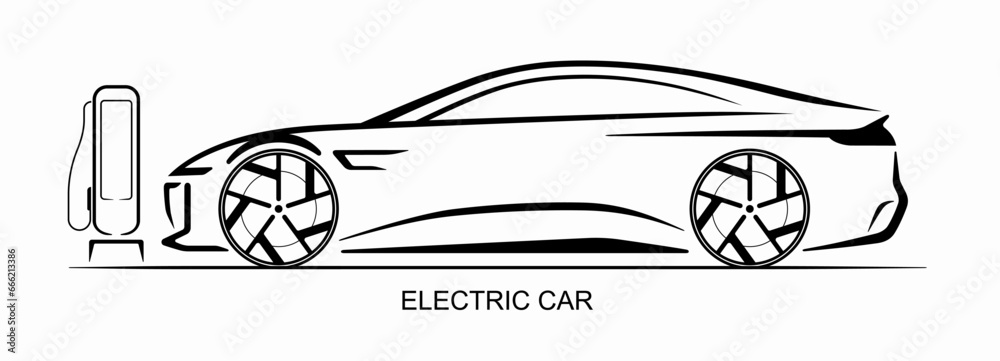 Electric car silhouette isolated on white background. Side view of the ...