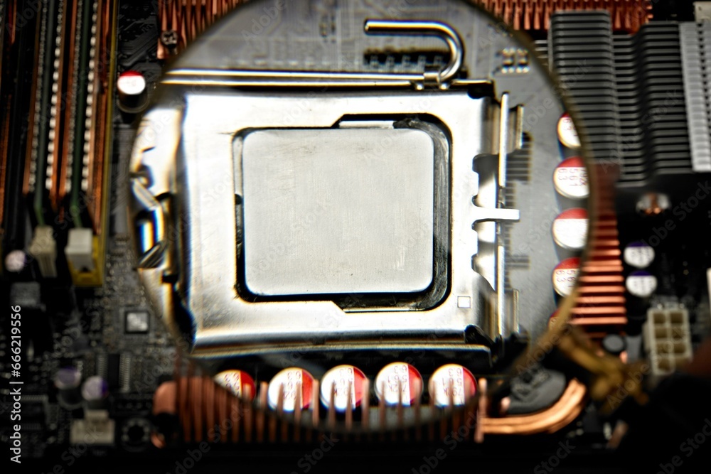 4K Image: Close-Up of Computer Motherboard and CPU Inspected Through ...
