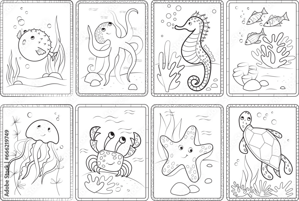 cute sea animals. Set of coloring pages for children Stock Vector ...