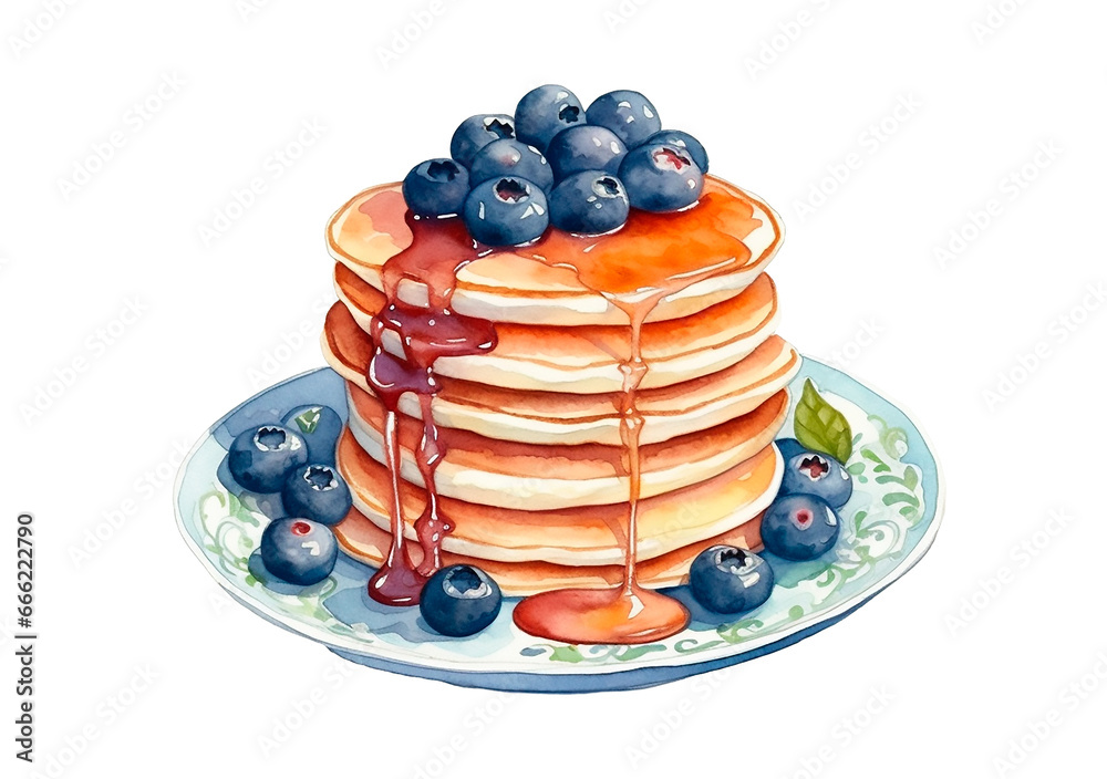 Blueberry pancakes with maple syrup watercolor illustration. Homemade ...