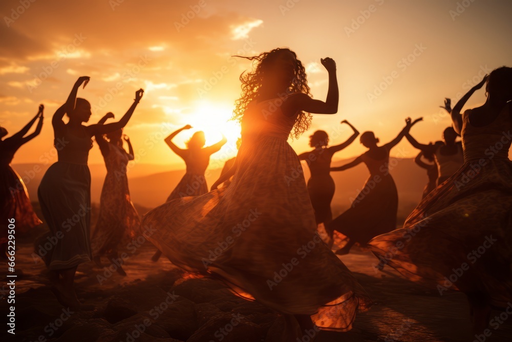 silhouettes of several women dancing a ritual traditional spiritual ...