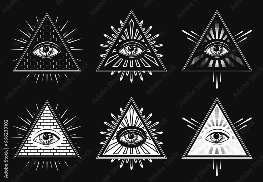 Set of 3 labels with all seeing eye, eye of providence. Illuminati ...