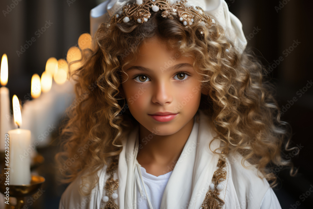 A young girl wearing a white robe and a glowing wreath of candles on ...