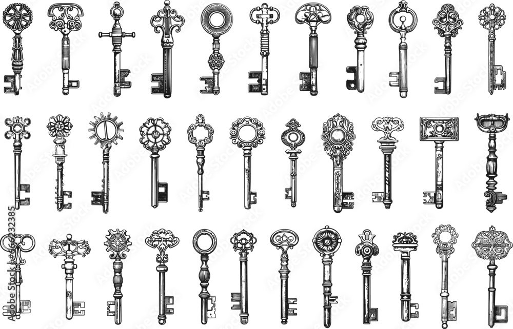 Vintage keys engraving. Old antique key set sketch drawing, secret ...