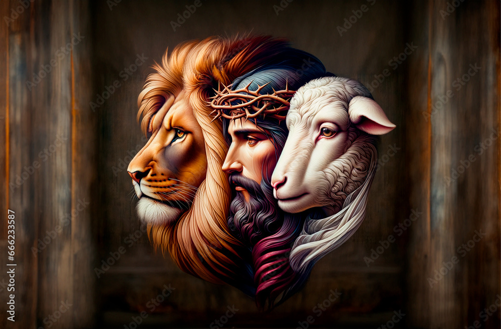 ภาพประกอบสต็อก Armonía Divina: Jesús, el León y el Cordero, ilustración ...
