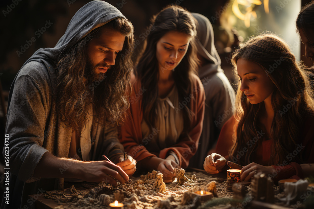 A family preparing a Las Posadas nativity scene in their home, complete ...