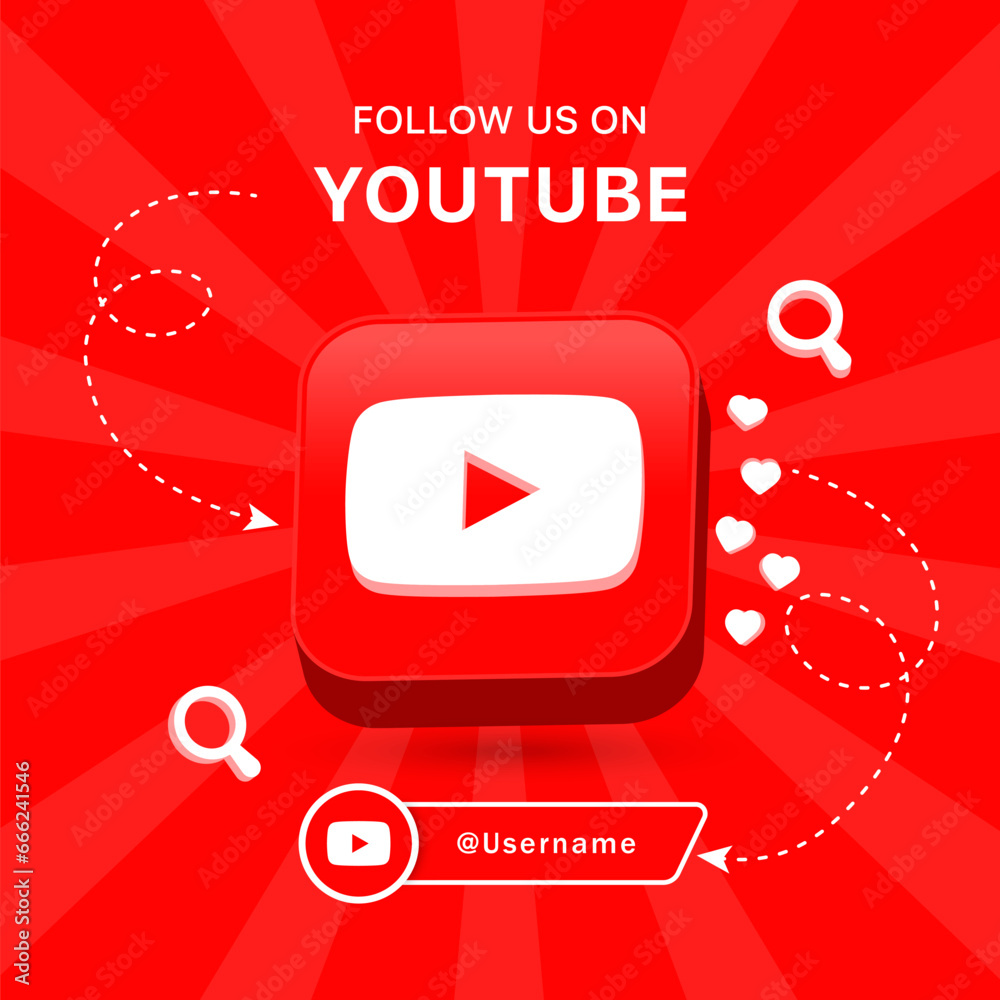 Vetor de Follow us on youtube. 3d youtube logo social media icon. 3d ...