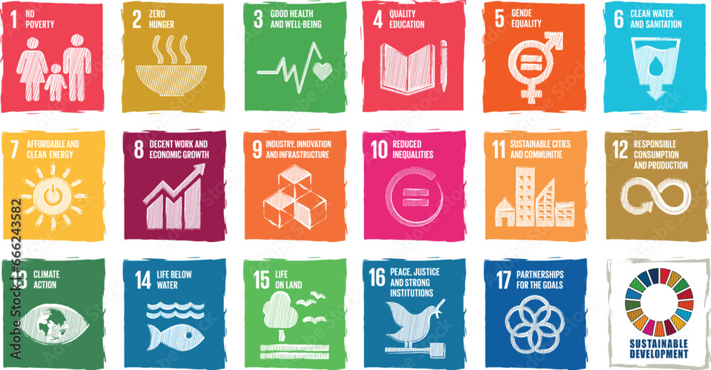 Sustainable Development global goals icon set chock board sketch ...