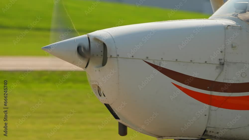 Plane engine with working propeller. Departure warm up of a small ...