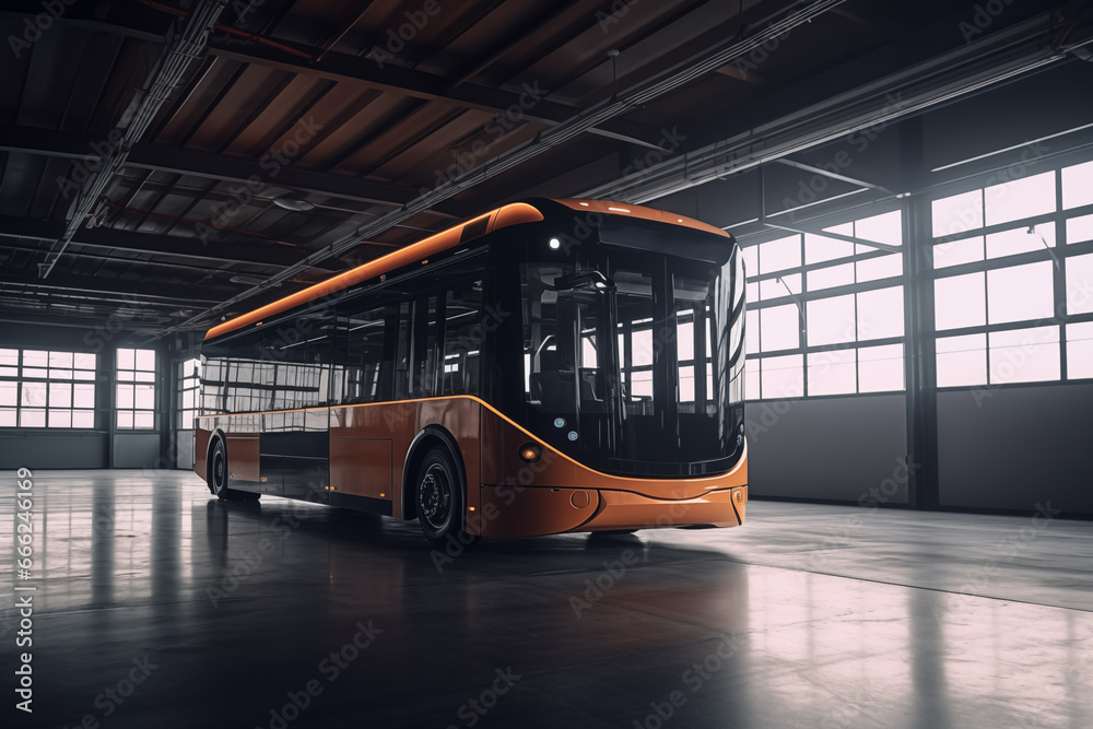 Bus in manufacturing workshop of EV automobile plant. Production of ...