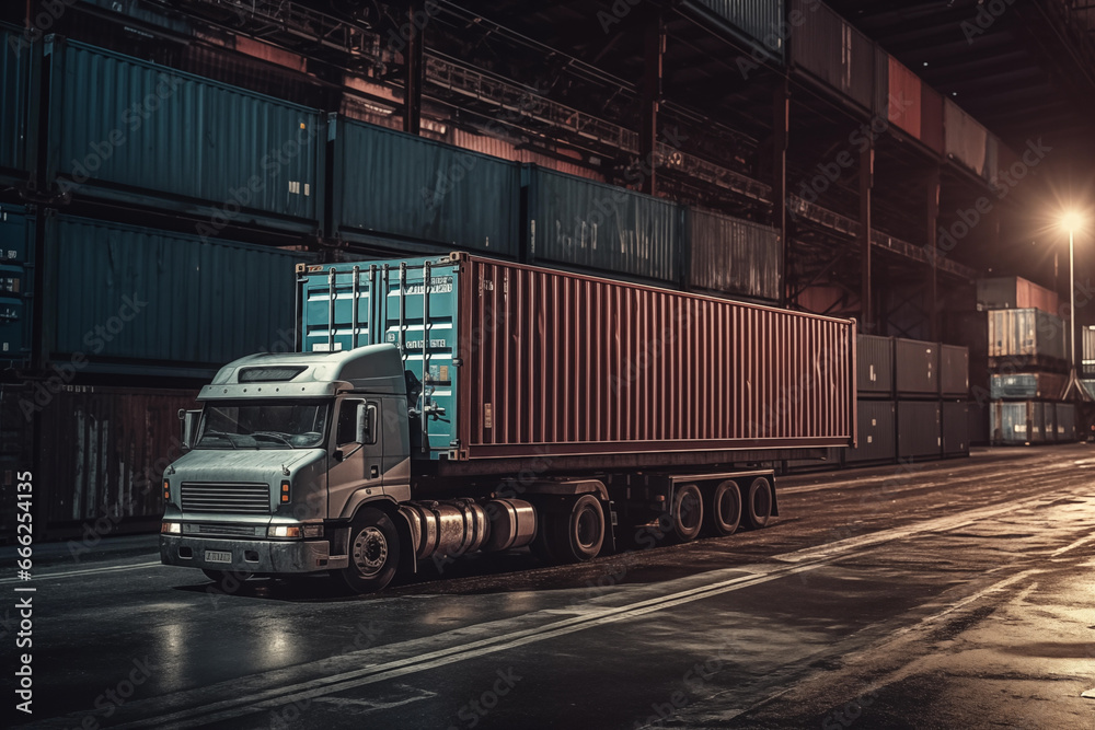 Shipping Containers in sea port. Transport logistics. Semi Truck ...