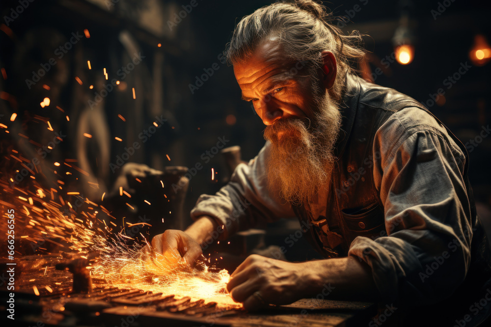 A traditional blacksmith forging a strong and durable blade with sparks ...