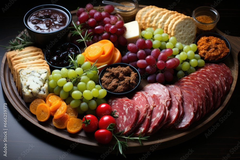 Christmas graze board with blue cheese, rosemary, nuts, grape ...