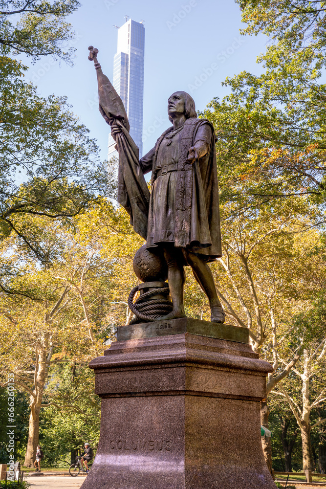 New York, NY - US - Oct 11, 2023 The bronze Statue of Christopher ...