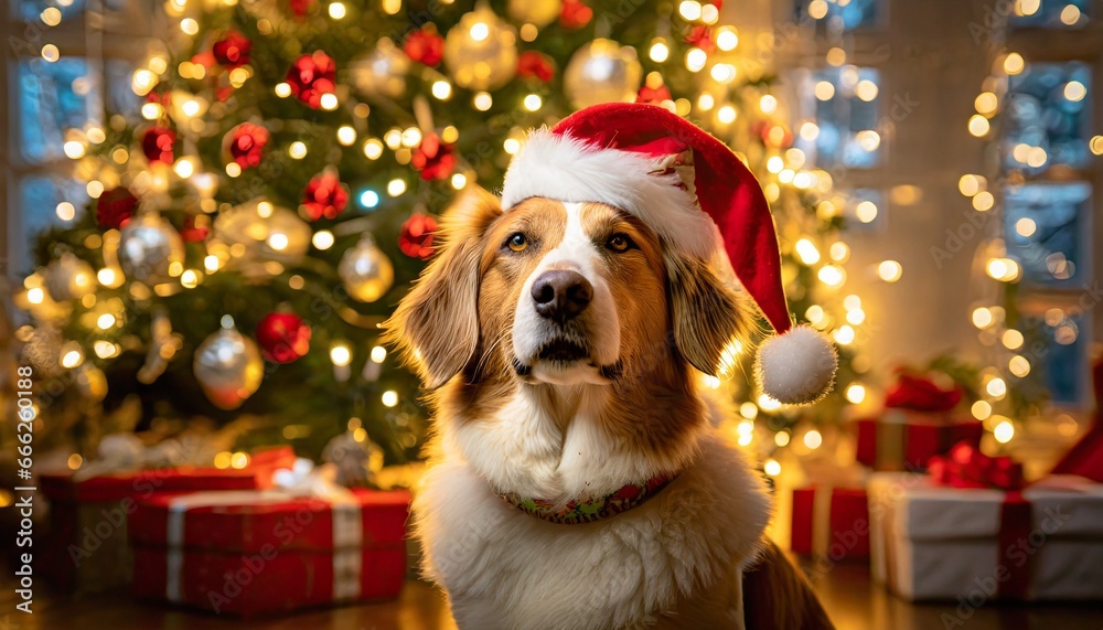 Un chien avec un chapeau de Noël qui pose devant un sapin décoré, avec ...