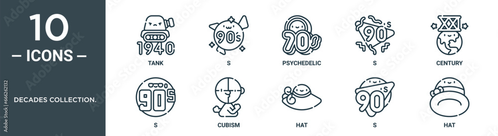 decades collection. outline icon set includes thin line tank, s ...