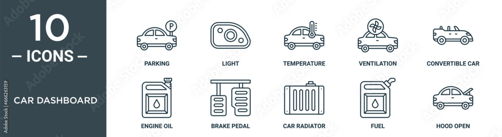 car dashboard outline icon set includes thin line parking, light ...