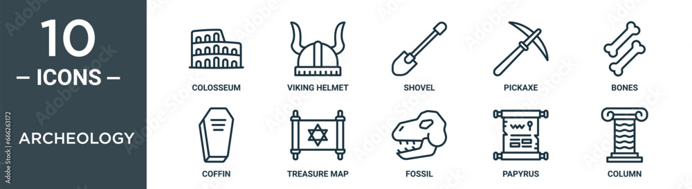 archeology outline icon set includes thin line colosseum, viking helmet ...